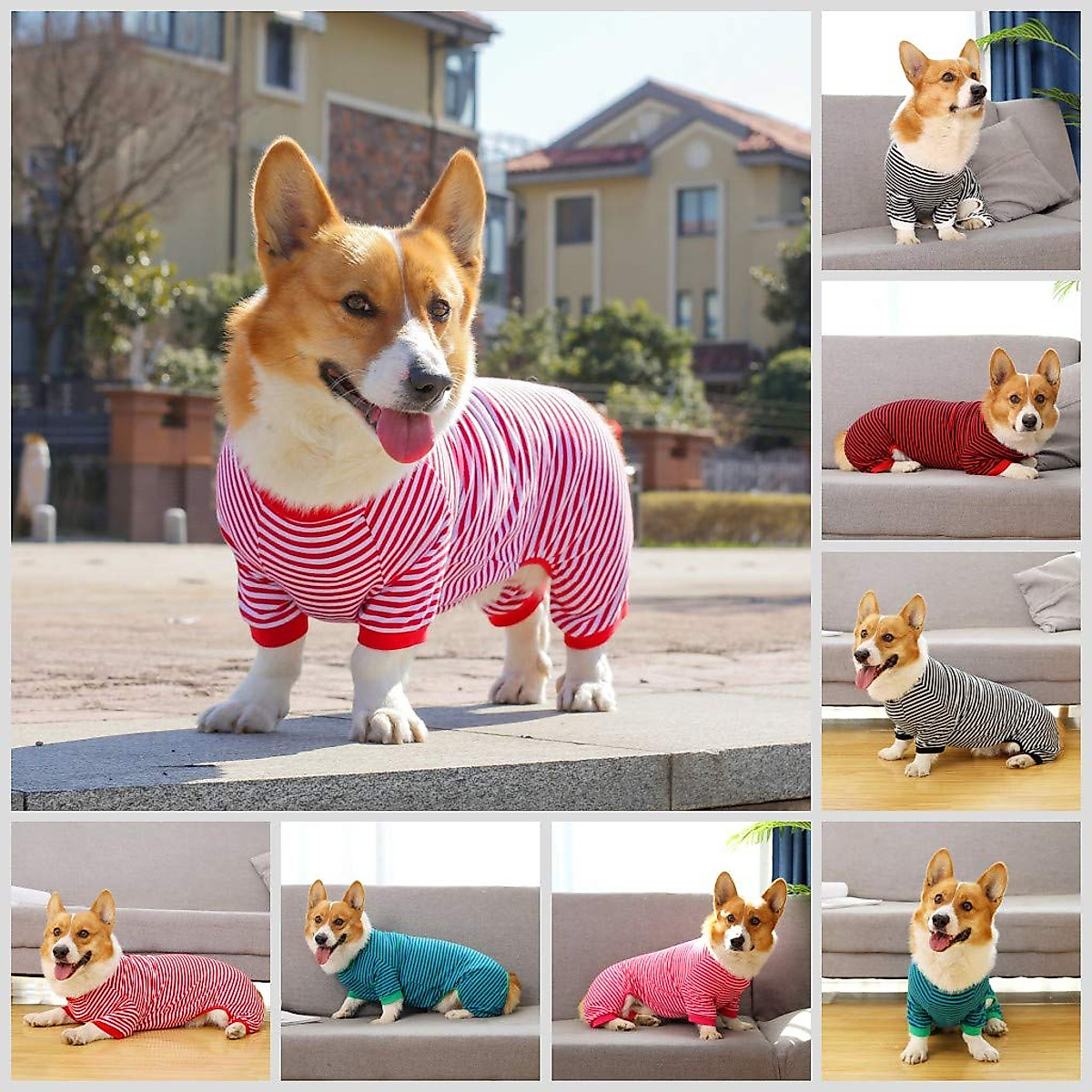 Dog Pajamas Cotton Striped Pup Jumpsuit, Breathable 4 Legs Basic Pjs Shirts for Puppy and Cat, Super Soft Stretchable Dog Jammies Boys Girls (Medium, White Red+Black)