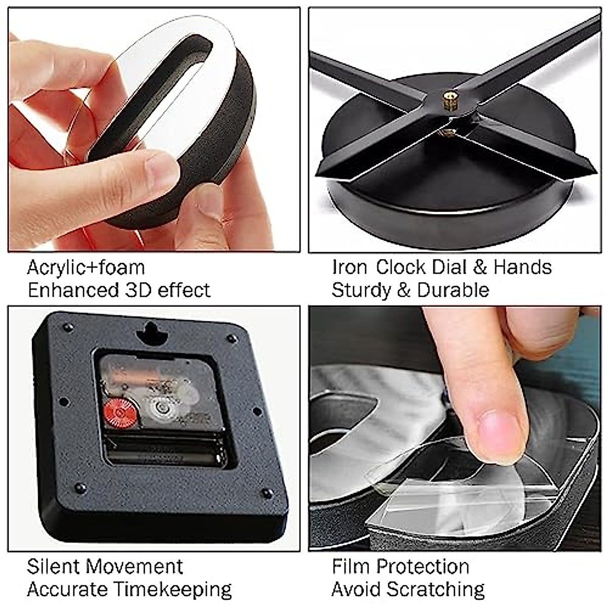 3D Wall Clock Frameless DIY Wall Clock, Big Clock with Quote Sticker for Living Room, Modern Decor for Home Bedroom Office Wall Decorations, Adjustable Size Max 47 Inch (Silver)