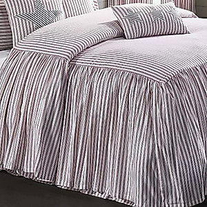 Piper Classics Timeless Ticking Red Ruffled California King Bedspread, High Skirt on 3 Sides, Vintage Farmhouse Bedding, Christmas