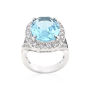 Kate Bissett Rhodium Plated Blue Topaz Oval Cocktail Ring with Faceted Blue Topaz Center CZ Size 8