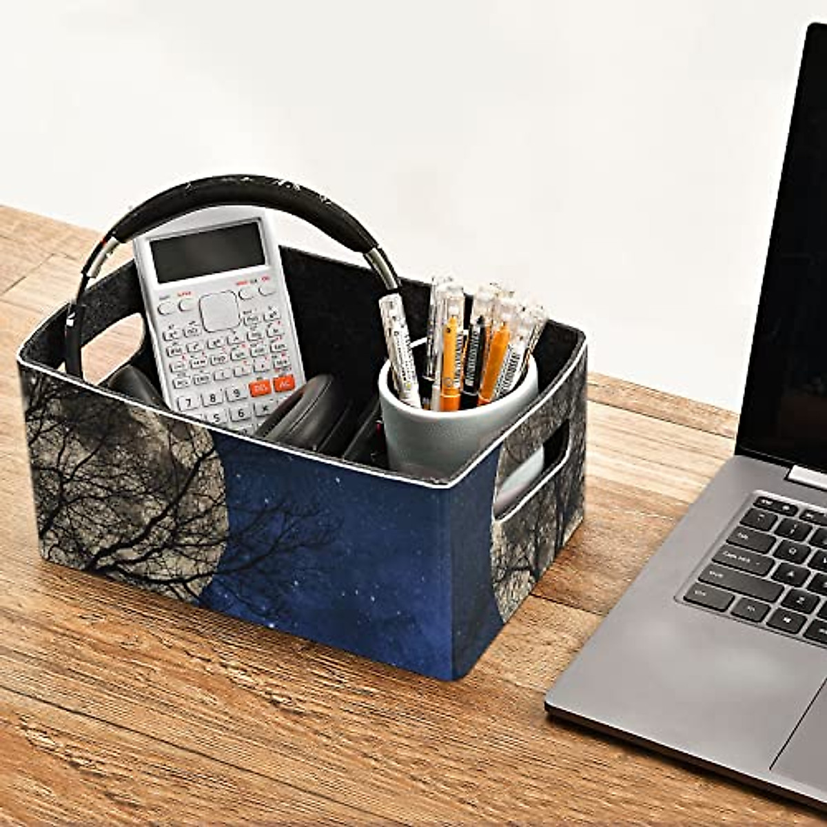 Moon Trees Starry Sky Storage Basket Felt Storage Bin Collapsible Towel Storage Toy Storage Box Organizer for Kids Bedroom Magazine