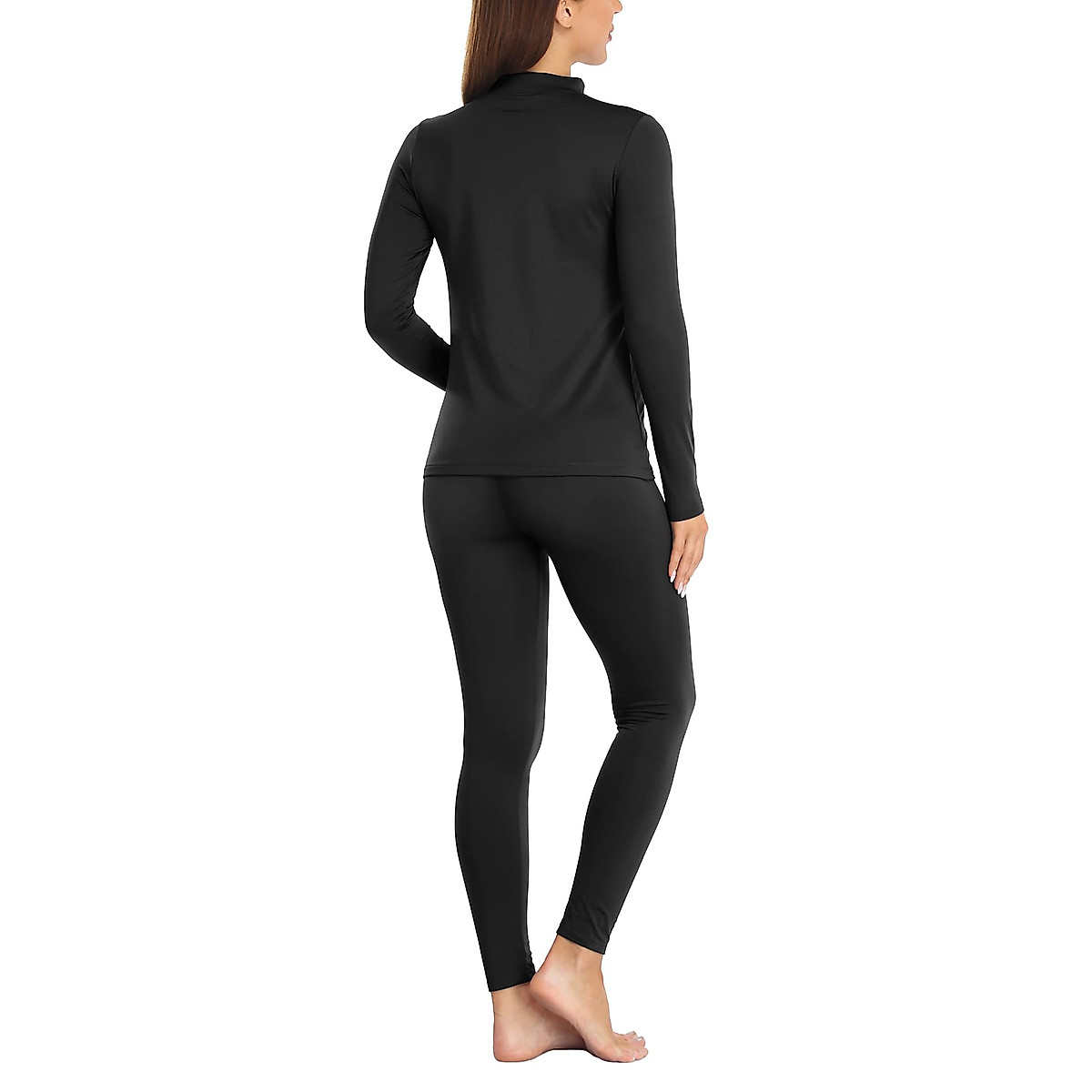 JOLLYBUYER Women's Mock Neck Thermal Underwear Winter Fleece Ultra-Soft Warm Base Layer Set Black
