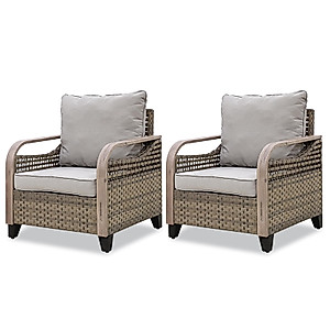 EAGLE PEAK Modern Wicker Outdoor Chair, Patio Chair Curved Armrest, Rattan Patio Furniture for Yard Deck Porch Garden, 2 Chairs, Brown/Gray