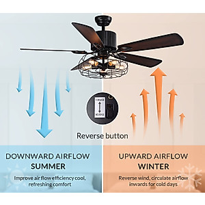 NOXARTE 52 inch Farmhouse Industrial Ceiling Fan with Light and Remote, Vintage Black Cage Fandelier, 5 Reversible Blades Chandelier Fans Light Kit for Bedroom Living Room, Quiet Motor