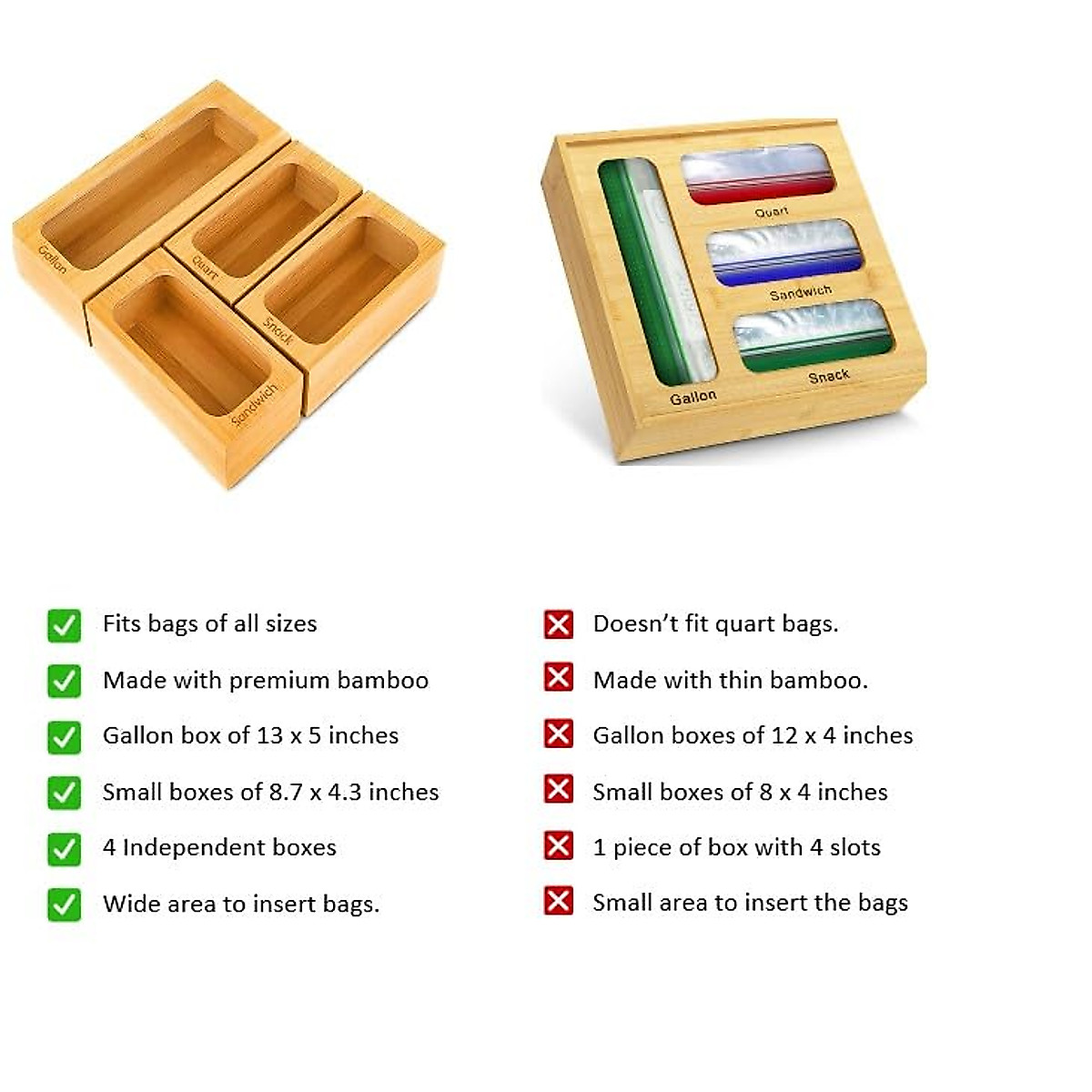 Premium Thick Solid Bamboo Storage Bag Organizer, Organizadores De Cocina, Food Baggie Dispenser for Kitchen Drawer Compatible with Most Brand (4 Piece Set)
