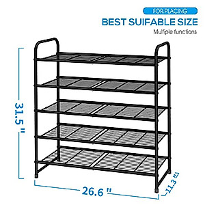 Ekisemio 5-Tier Shoe Rack Organizer, Stackable & Adjustable Shoe Shelf Storage, Heavy Duty Metal Wire, Black