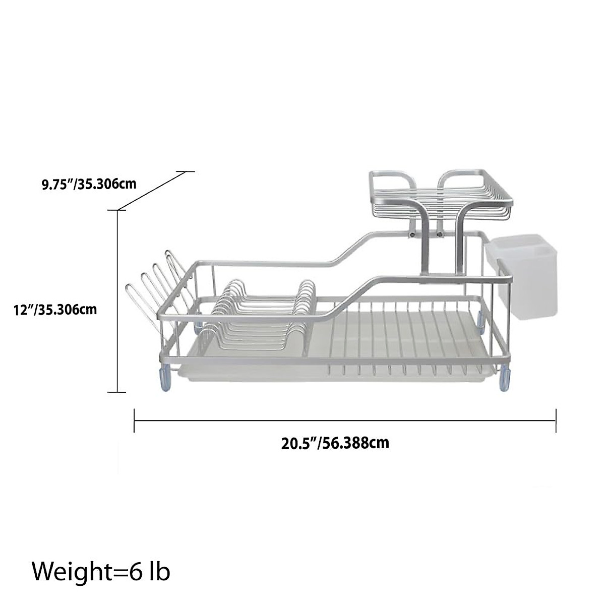 Home Basics 2-Tier Aluminum Dish Drying Storage Rack with Utensil Holder, Cup Holder & Draining Tray for Kitchen Countertop Sink