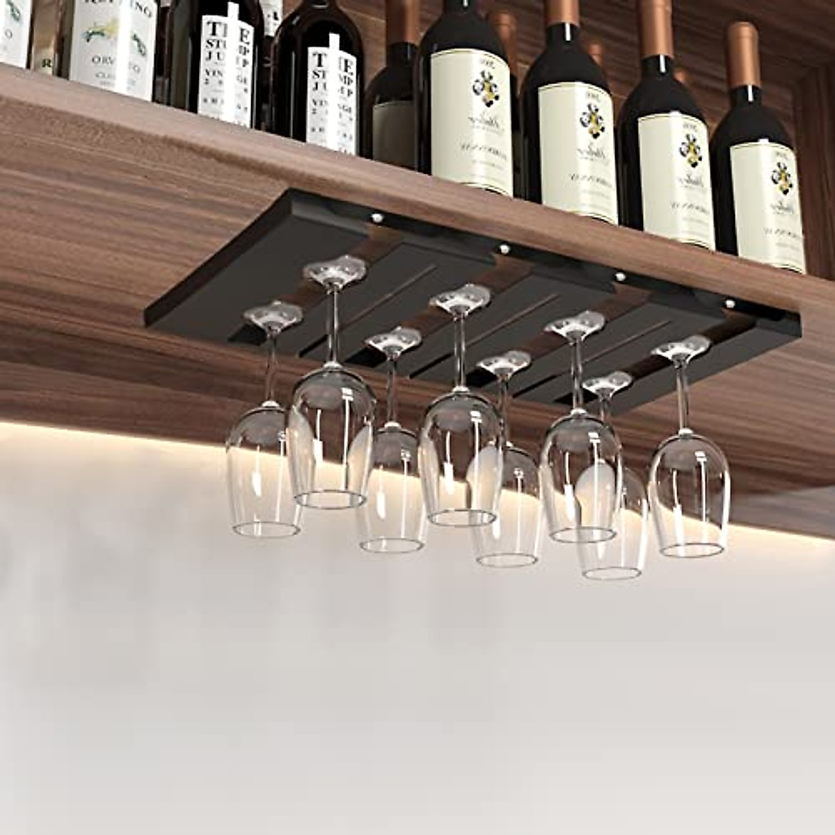 Hanging Wine Glasses Rack Under Cabinet Stemware Storage Hanger 16.54in with 4 Rows Stainless Steel Bar Shelves for Kitchen Restaurant Screw Install,Black,For 1.6 to 3.54 in Base Goblet (HJJ-003)