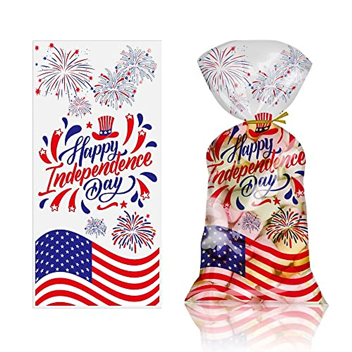 Yaroelrd 100 Pieces Patriotic Cello Bag Independence Day Cellophane Gift Bag with Gold Twist Tie for Independence Day Sports Event Party Decorations 4 Styles