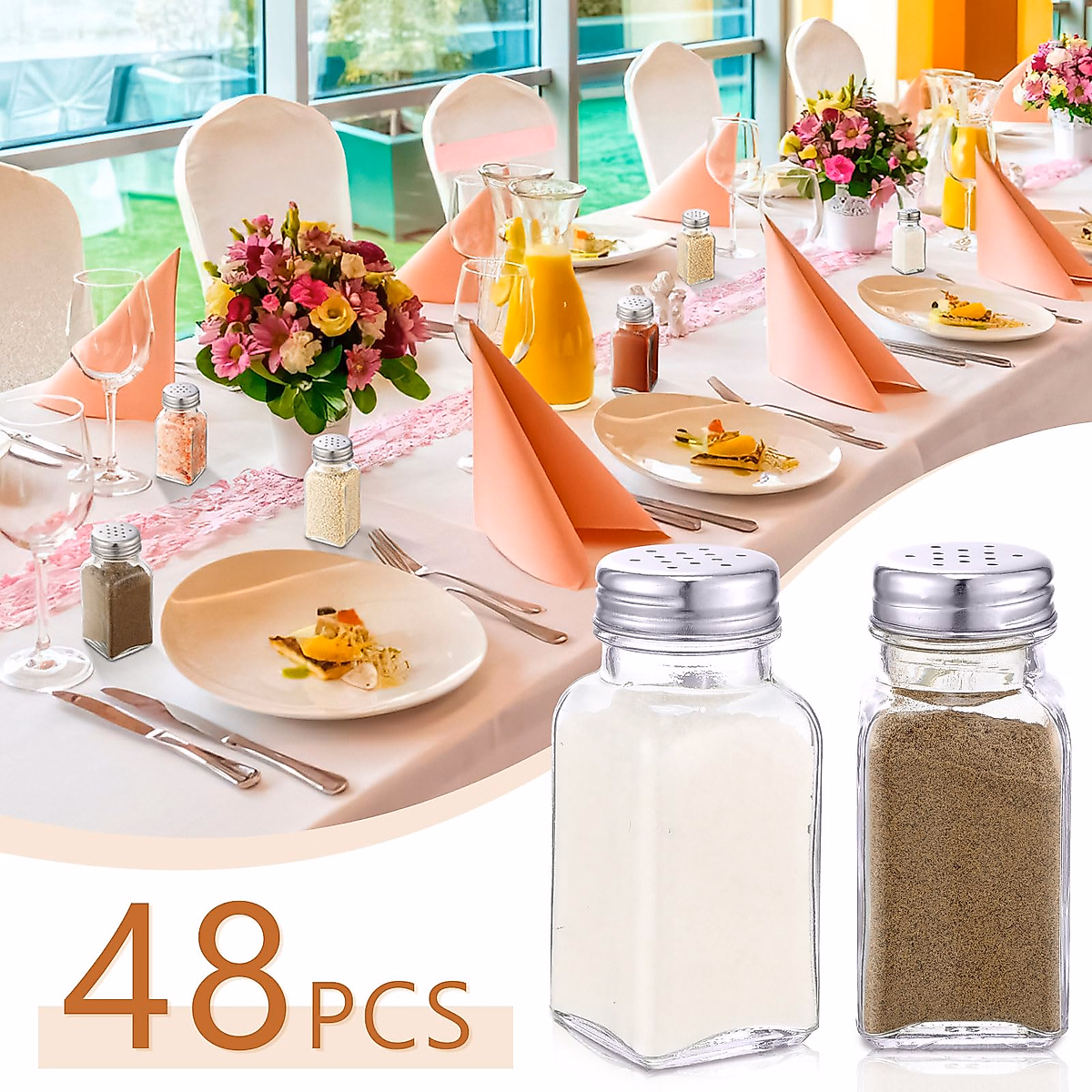 Bokon 48 Pack Glass Salt Shaker Bulk with Stainless Lids Tops 2.7oz Small Spice Shaker for Kitchen Restaurants and Catering Wedding Party Supplies (Classic)