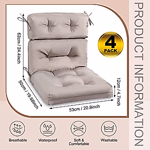 Geelin High Back Patio Chair Cushion Indoor Outdoor Seat Back Chair Cushions Tufted Patio Waterproof Rocking Pads Weather Replacement for Furniture(Khaki,4 Pcs)