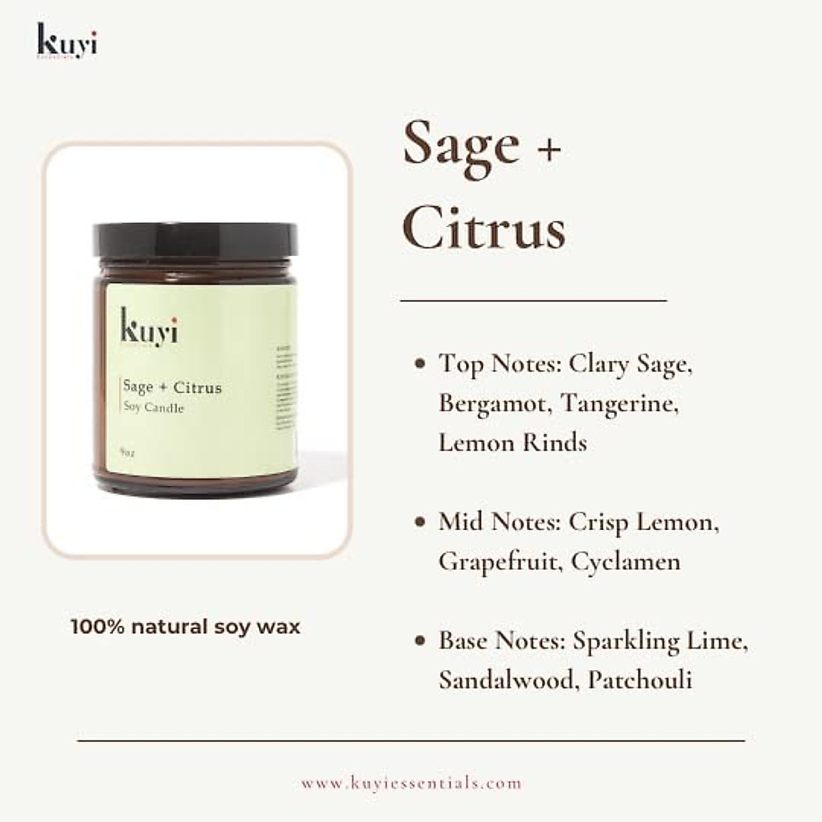 Kuyi Essentials Hand-Poured Premium Scented Aromatherapy Soy Candles for Home, Gifts for Women, 9oz Jar, 70 Hour + Burn Time (Sage & Citrus)