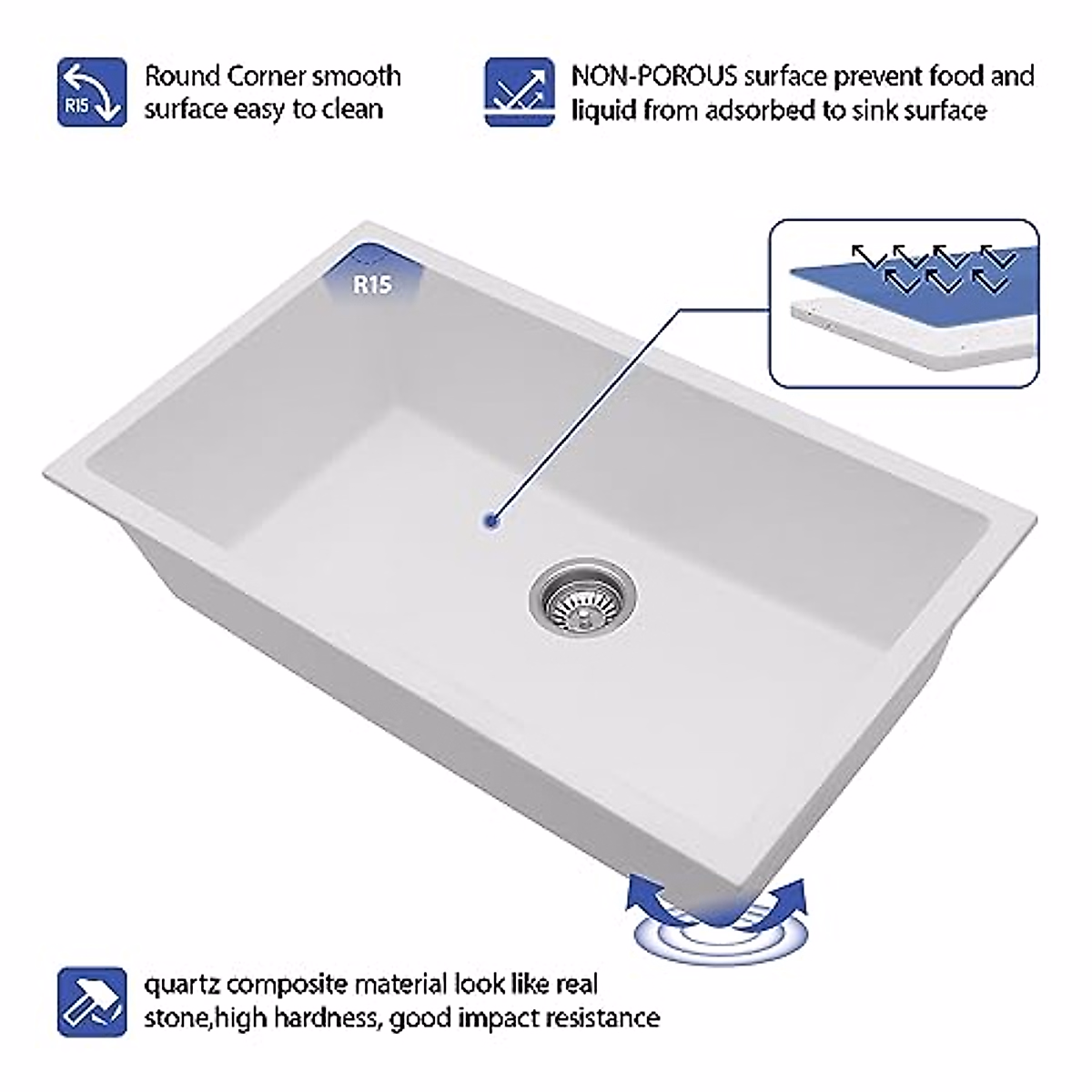 33 White Kitchen Sink Undermount - Sarlai 33 x 19 Kitchen Sink Granite Composite Quartz Under Counter Single Bowl Kitchen Sink Basin, White