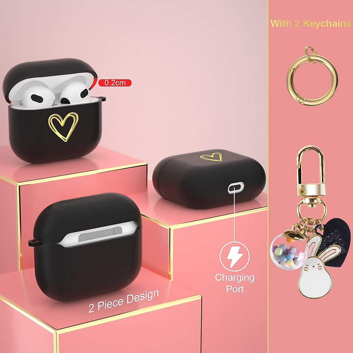 Aiiko for Airpod Case 3rd Generation with Cute Rabbit Lucky Ball Keychain Golden Heart Pattern Soft TPU Shockproof Protective Airpod 3 Case Cover for Girls Women-Black