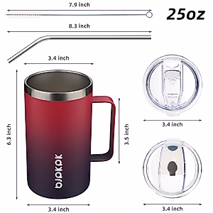 BJPKPK Insulated Coffee Mug with 2 Lids, 25oz Stainless Steel Insulated Tumbler with Handle, Double Wall Vacuum Coffee Cup, BPA Free Leak Proof Thermos for Travel & Home, Charming Red & Blue