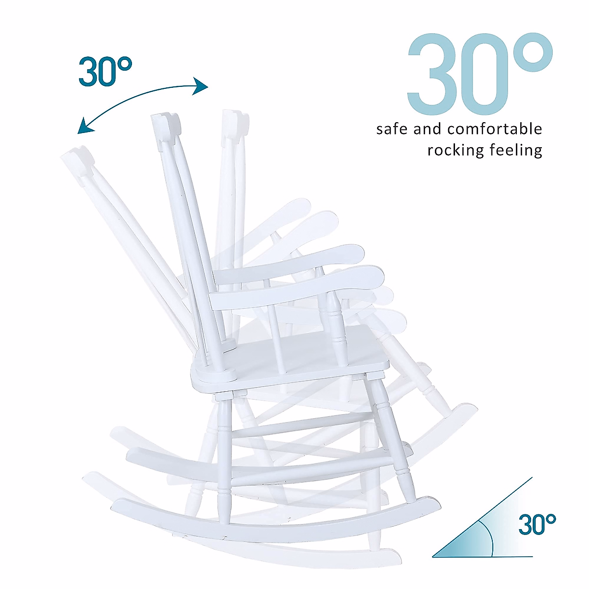 PHI VILLA Outdoor Wood Rocking Chair, Oversized Acacia Wood Slat Back Rocker Chairs for Patio, Deck, Balcony, Porch and Indoor, 30° Safe Recline Support 350 lbs - White
