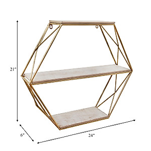 Sagebrook Home Metal Wood 3 Tier Hexagon Floating Wall Shelves, Storage and Display, Gold, 24 L x 6 W x 21 H Inches
