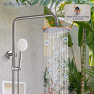 Airuida SUS304 Outdoor Shower Fixture Brushed Nickel Exposed Shower Faucet Combo Set Single Handle 8 Inch Thicken Rainfall Showerhead With Handheld Spray Wall Mount Dual Functions