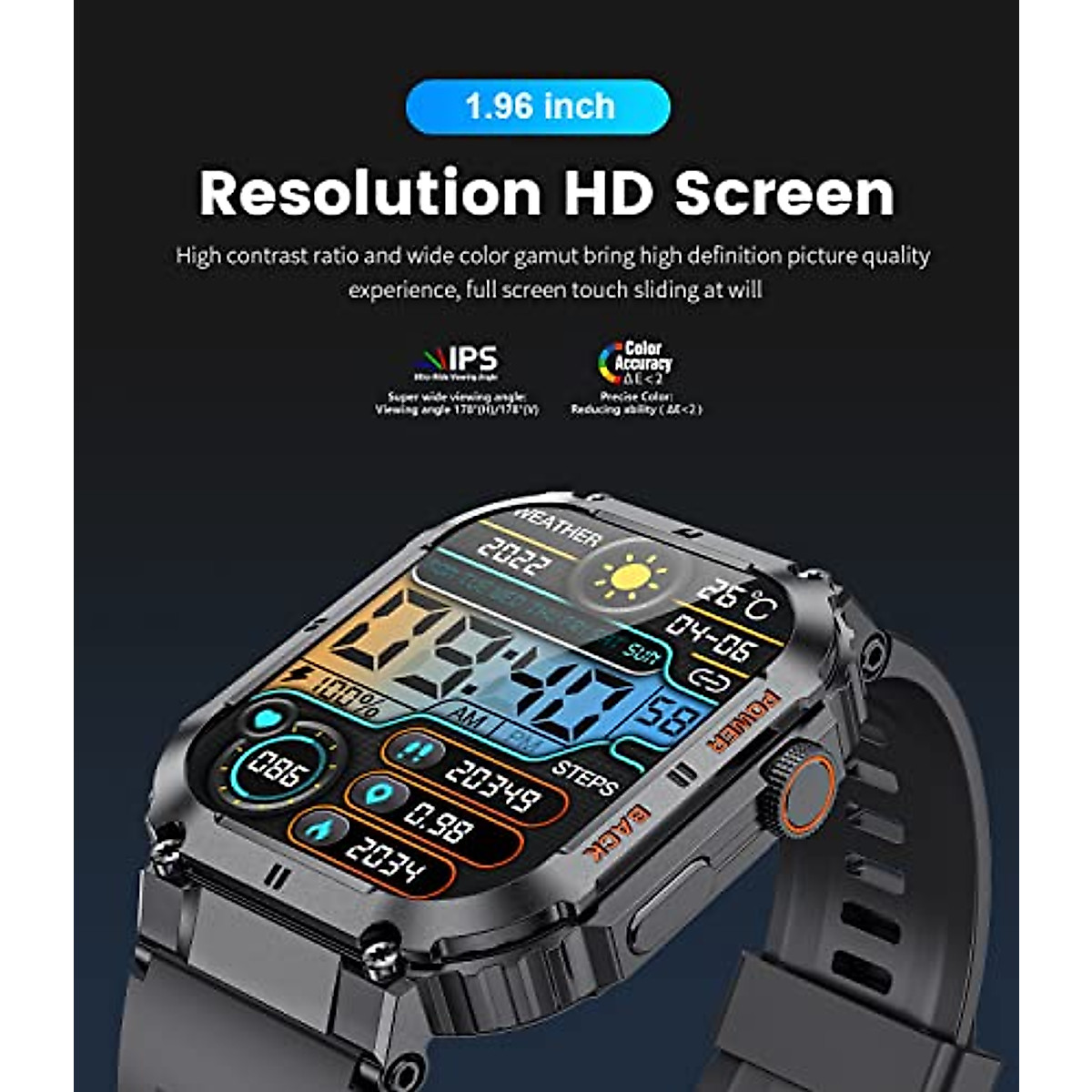 Smart Watch for Men Bluetooth Make Calls with 1.96in Big Screen 400mAh Long-Lasting Battery Message Reminder Voice Assistant IP68 Waterproof Rugged Sports Tracker Android iOS Stylish Men's Smartwatch