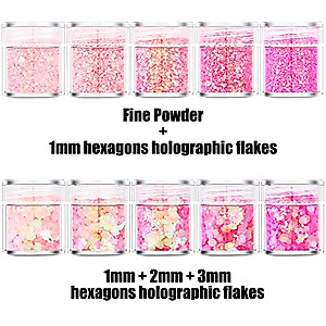 𝐆𝐀𝐁𝐎𝐗 10 Jars Sakura Pink Cosmetic Chunky Glitter Set, Holographic Nail Glitter Resin Glitter Fine Powder+1mm+2mm+3mm Sequins Flakes, Iridescent Art Glitter Set for Body Face Eyes Hair Crafts