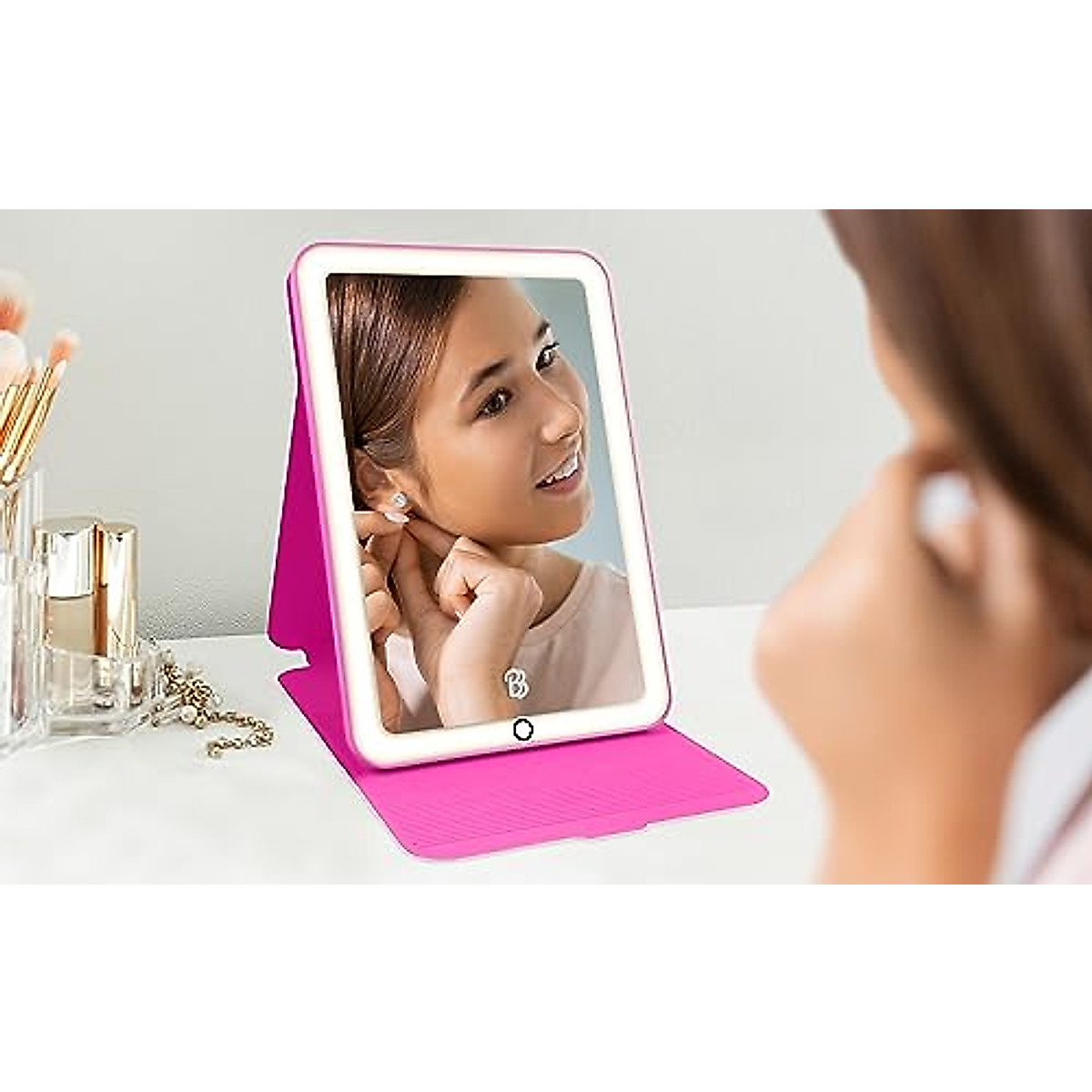 eKids Barbie Travel Mirror with Light and Adjustable Stand, Shatterproof Makeup Mirror with Rechargeable Battery, Designed for Fans of Barbie Accessories and Gifts