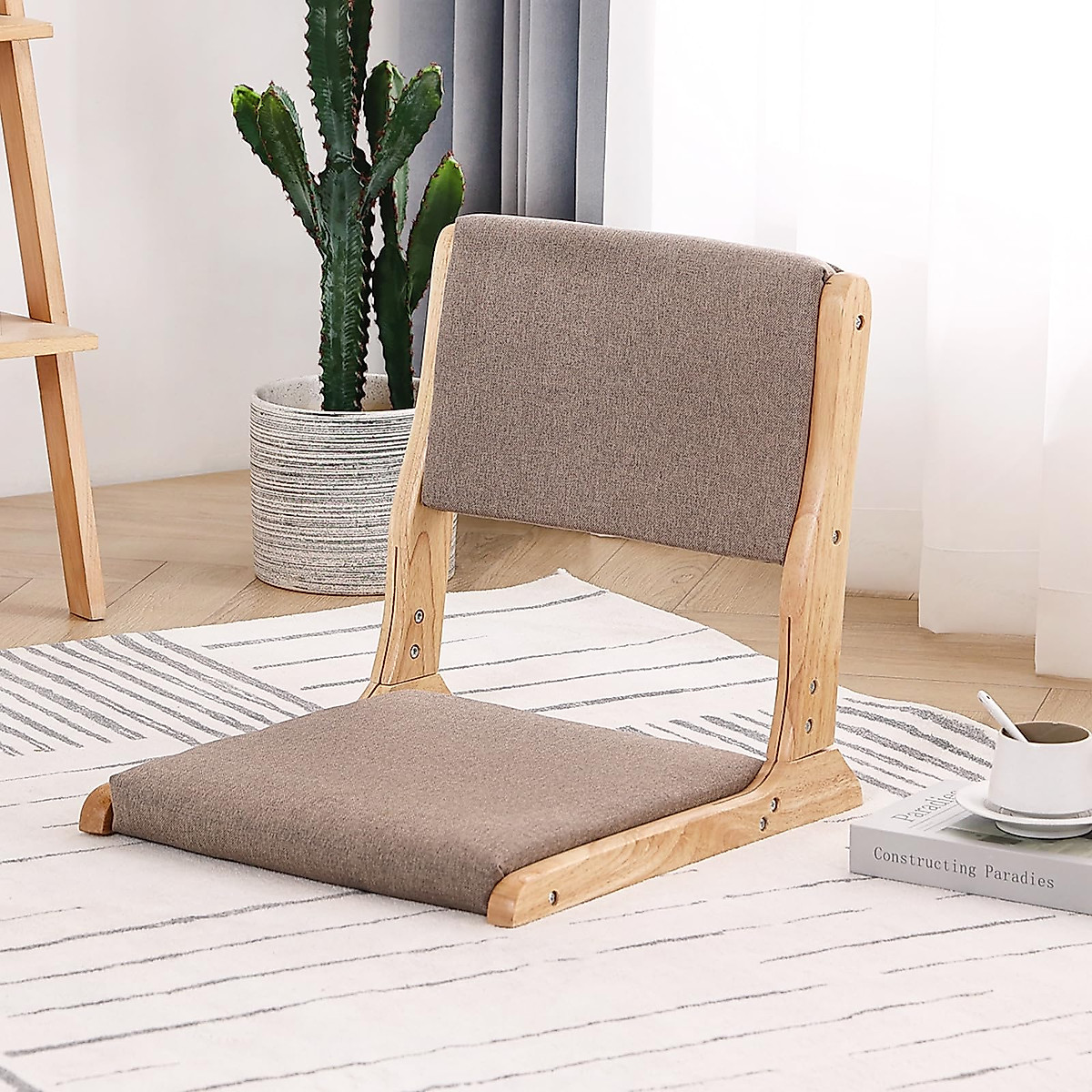 Tatami Chair Accent Furniture, Foldable Meditation Floor Chair, Folding Floor Chairs Seat, Portable Japanese Legless Chair, Back Rest Chair with Cushion, Wood Grey