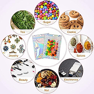 100 Pack Resealable Smell Proof Bags Mylar Bags Aluminum Foil Packaging Plastic Bag,Small Mylar Storage Bags for Candy,Jewelry,Party,Holographic Rainbow Color (3 x 4.7 inch)