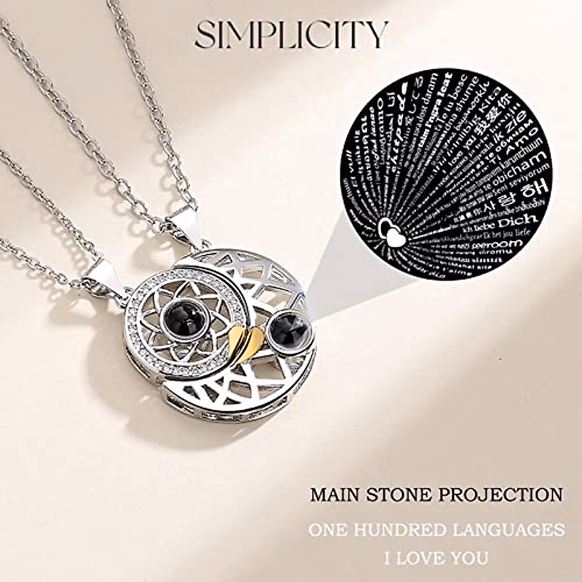 Yumikoo Couple Sun and Moon Necklace I Love You Necklace 100 Languages Matching Bff Friendship Heart Necklaces for Best Friends