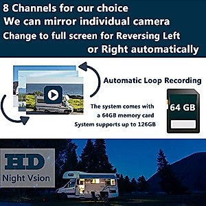 10.1" 1080P Backup Camera Monitor & Built-in DVR for RV Truck Trailer Rear Side Front Reversing View Wired System FHD Image 4 Split Large Screen 64GB Recorder IP69 Waterproof Avoid Blind Spot Kit