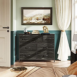 WLIVE Dresser TV Stand, Entertainment Center with Fabric Drawers, Media Console Table with Metal Frame and Wood Top for TV up to 45 inch, Chest of Drawers for Bedroom, Charcoal Black Wood Grain Print