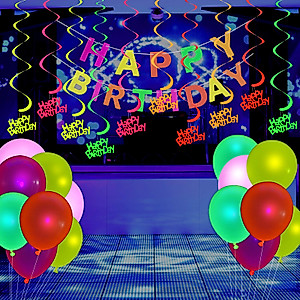Glow Party Supplies Neon Party Supplies Set Glow in the Dark Happy Birthday Banner with UV Black Light Reactive Cake Topper Swirls Neon Fluorescent Latex Balloons Neon Stars for Birthday Glow Party