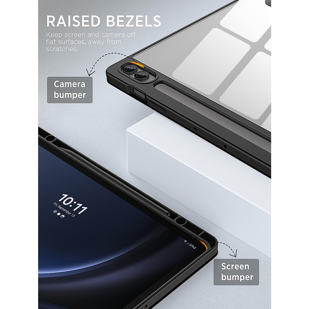 MoKo Case Fits Samsung Galaxy Tab S9 FE Plus 12.4-Inch 2023 (SM-X610/SM-X616), Lightweight Tablet Trifold Cover Case Transparent TPU + PC Back Shell with Pen Holder Slot/Auto-Wake, Black