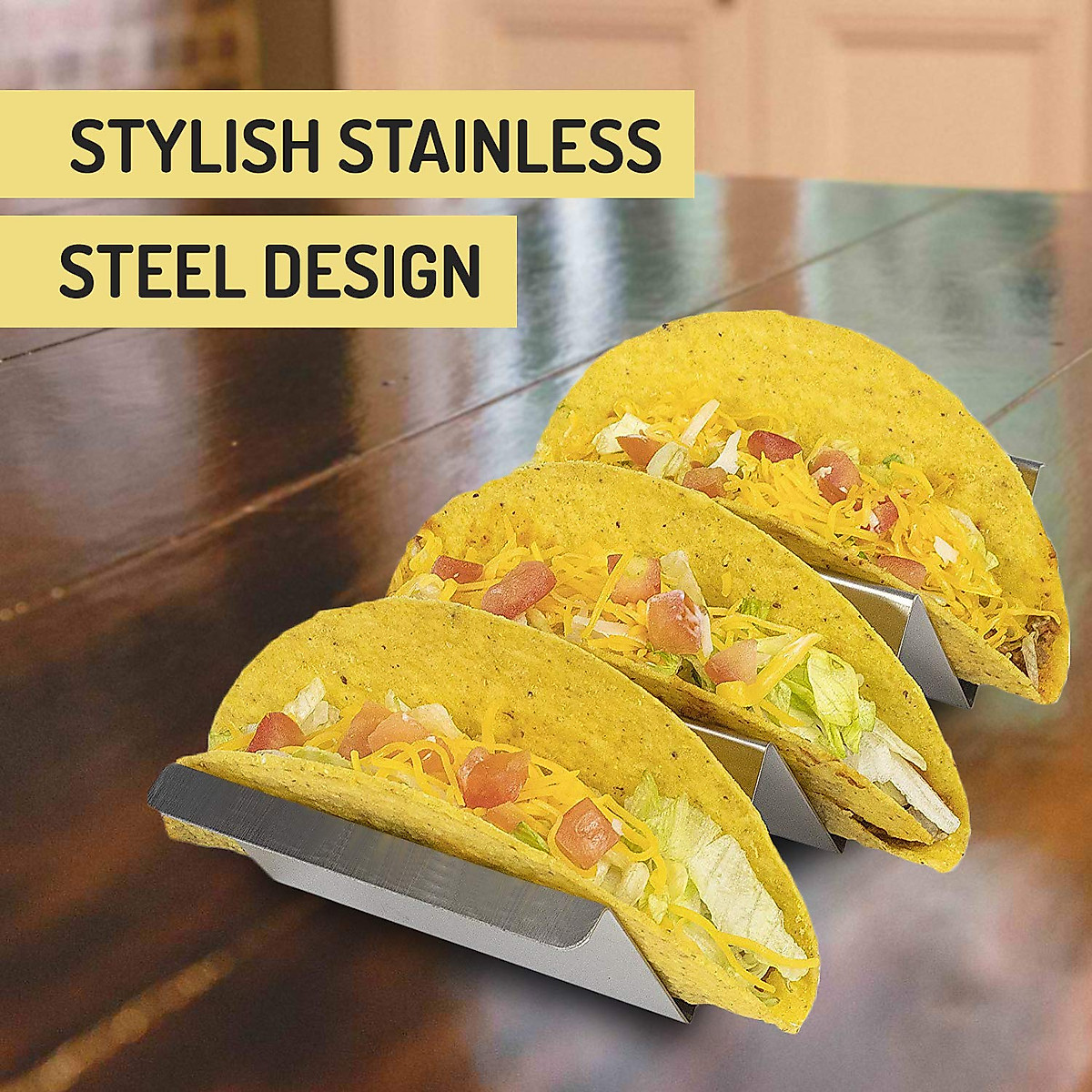 California Home Goods Taco Holders Stainless Steel Set of 4 - Taco Shell Holders - Taco Stainless Stand - Taco Baking Rack - Soft Taco Stand & Hard Taco Holder - Taco Shell Tray - Taco Tuesday Server