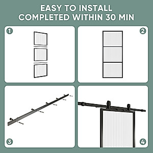 JUBEST Glass Barn Door 42in x 84in, Reeded Glass Carbon Steel Pre-Drilled Frame Sliding Barn Door Panel with 7FT Hardware Kit and Soft Close