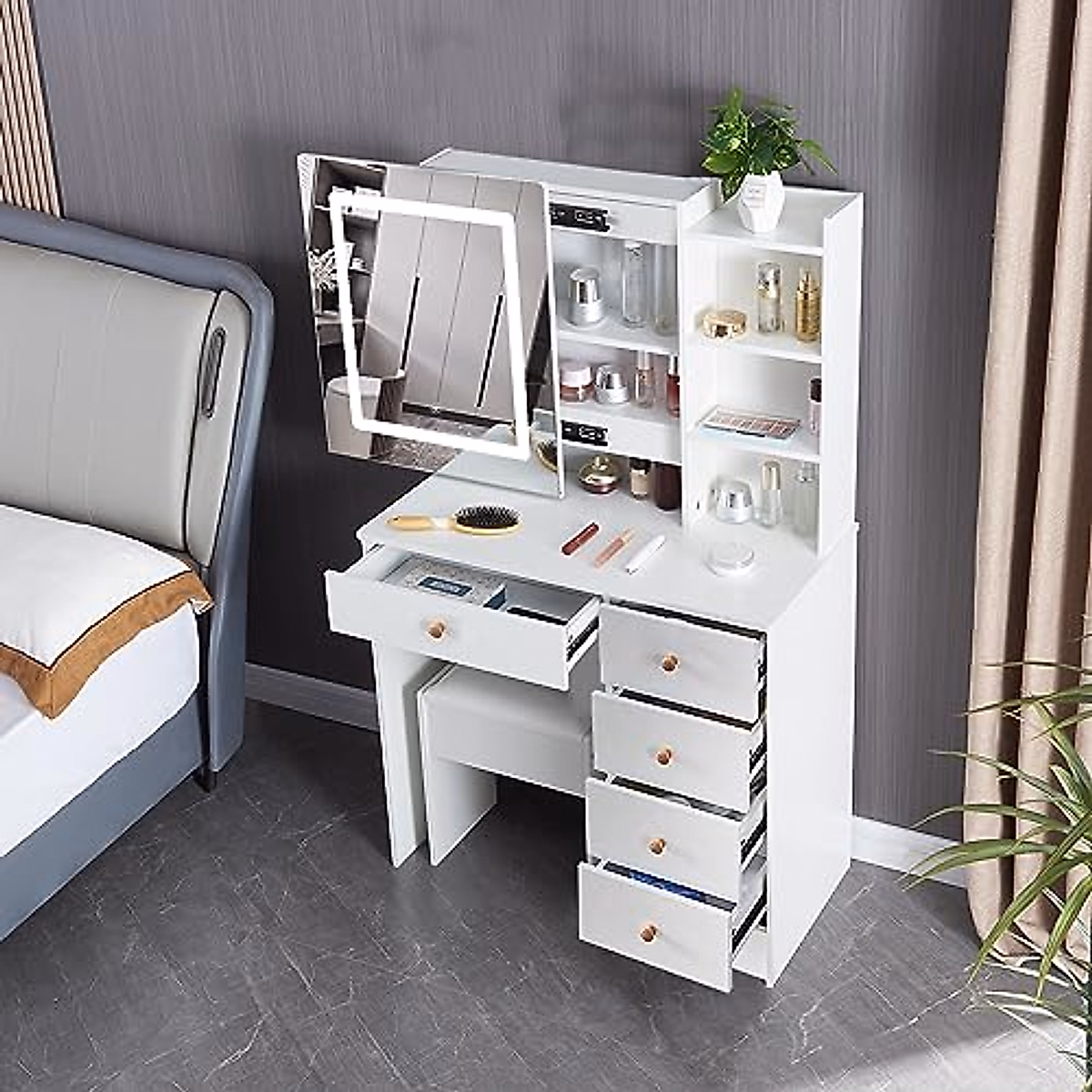 JBLCC Vanity Desk with Mirror and Lights,Makeup Vanity with Sliding Mirror, Makeup Table Set with Storage Shelves, Drawers, Modern Vanity Table for Bedroom (62706led)