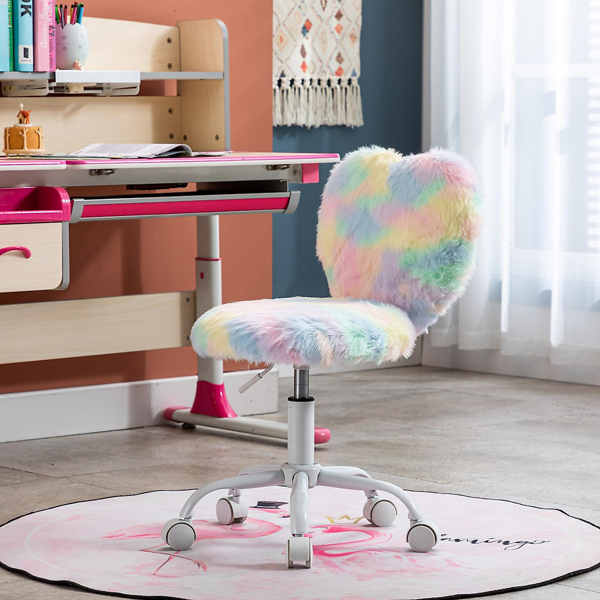 Kmax Kids Reading Chair, Rolling Cute Desk Chair for Girls Swivel Office Chair with Wheels & Heart Back Adjustable Childrens Vanity Chair for Bedroom Reading Room - Faux Fur, Various