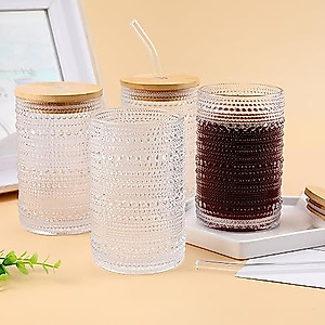 Vintage Drinking Glasses Set of 4 with Bamboo Lids and Straws, 16 oz Textured Clear Striped Ribbed Glassware Set Old Fashion Beaded Glass Cups Embossed Iced Coffee Cup for Beer, Cocktail, Beverage