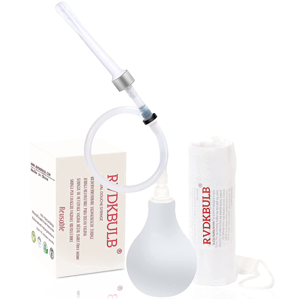 RVDKBULB Natural Vaginal Cleansing System with 3 One-Way Valves - Vaginal Douche for Women, 18 inches Long Hose, Free of PVC & Phthalates & BPAs, 12 Fl Oz, White