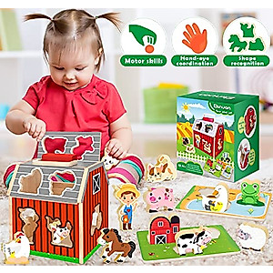 Wooden Farm Animals Toys for 1 2 3 Year Old Girl Boy, Take-Along Sorting Barn Toy with Baby Chunky Puzzles, Montessori Learning Toys for Fine Motor Games, Christmas Birthday Gifts for Toddlers 1-3