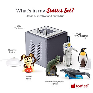 Toniebox Audio Player Starter Set with National Geographic Astronaut, Dinosaur, Whale, Penguin, and Playtime Puppy - Listen, Learn, and Play with One Huggable Little Box - Gray