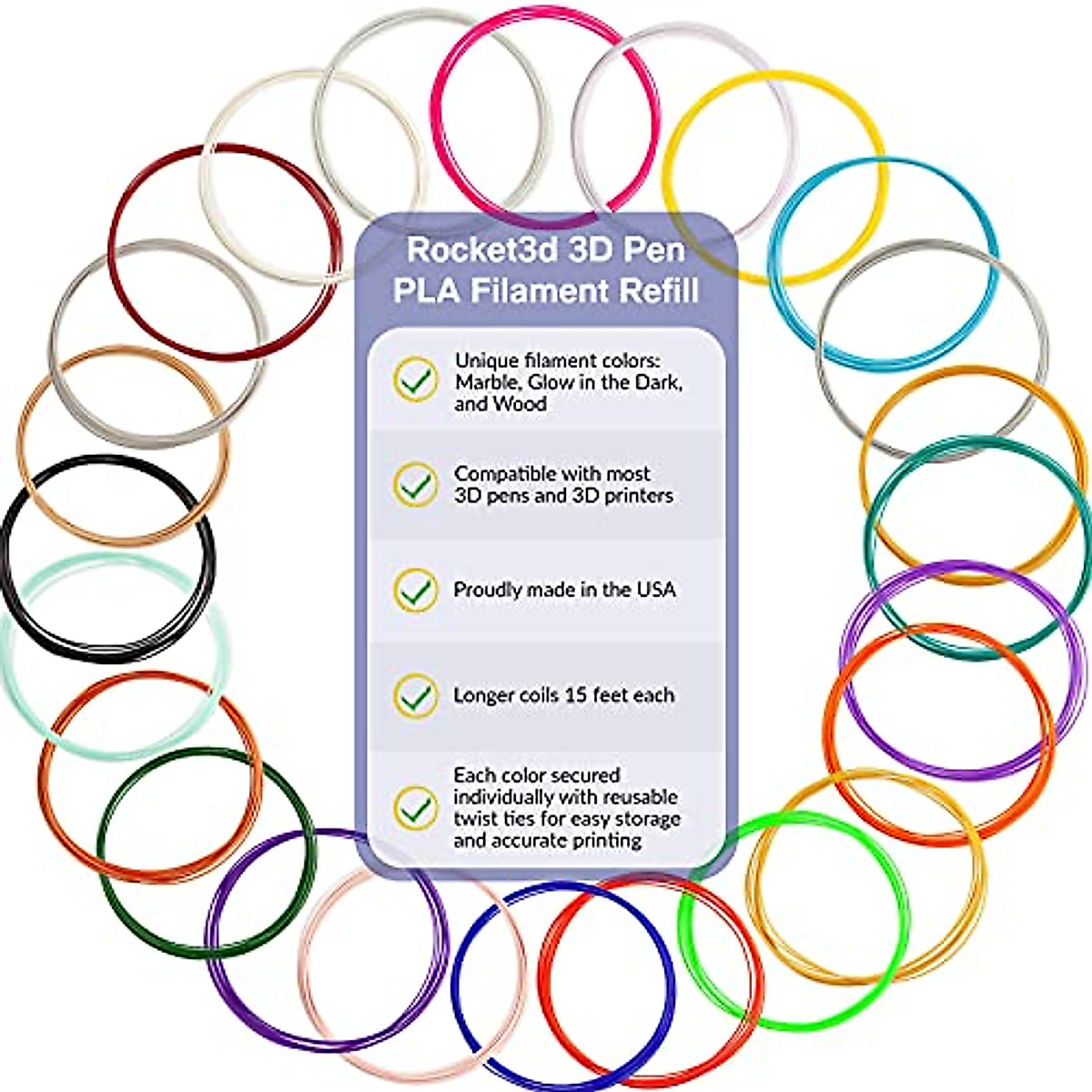 Rocket3d 3D Printer/Pen Filament Sample Bag, 1.75mm Made in The USA, 24 Exclusive Colors, (Includes Wood and Marble PLA), Each Color is 15 Feet, 360 Total Feet Included