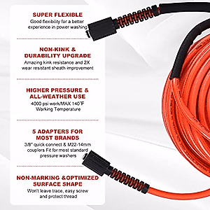 Pressure Washer Hose 1/4”, 4000 PSI Ultra Flexible Kink Resistant Replacement Hose M22 14mm Thread, High Pressure Extension Hose with 3/8 Quick Connect Adapters for Power Washing