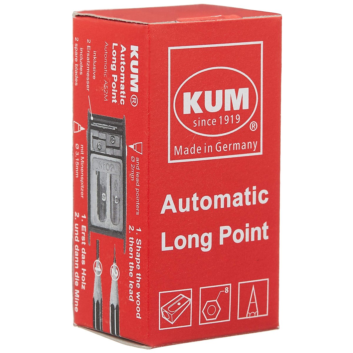 AS2M (1053121), Long Point Sharpener, sharpens in 2 steps; 2 spare blades includes. With lead pointers for 2 mm and 3.2 mm. BLUE only
