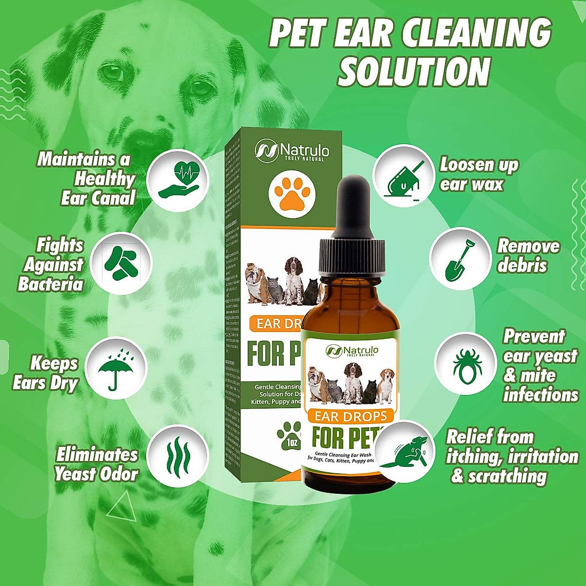 Natural Ear Cleaner for Dogs, Cats, Kitten, Puppy – Gentle Cleansing Ear Wash Solution Mite Infection & Yeast Treatment for Pets – Drying, Healing Medicinal Ear Cleaning Drops Made in USA