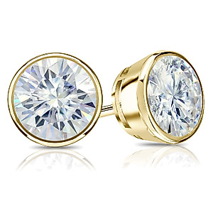 Diamond Wish 1 Carat Moissanite Round Stud Earrings in 14k Yellow Gold (J-K, 5 mm, TGW) Bezel Set Screw Back