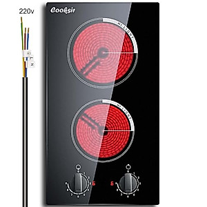Cooksir 2 Burner Electric Cooktop 12 inch, 3000W Electric Stove Top 220-240V, Built-in Electric Stovetop with 9 Power Level, Knob Control, Auto Shut Down Protection, Hard Wired (No Plug)