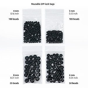 275 pcs Set of Czech Round Glass Beads, Jet Black - 3mm (100pcs), 4mm (100pcs), 6mm (50pcs), 8mm (25pcs) kit for Jewelry Making
