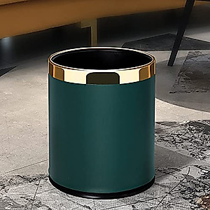 Luxury Metal Waste Bin 10L, Double Layer Trash Can PU Leather Covered Round Wastebasket Dust Bins for Kitchen Bathroom Hotel Office (MOLADI Green)