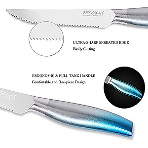BECOKAY Steak Knives Set of 4, High Carbon German Stainless Steel Serrated Steak Knives, Ultra Sharp Steak Knife, Elegant Blue Kitchen Knife with Ergonomic Handle Gift Box for Mom Girlfriend Outdoor