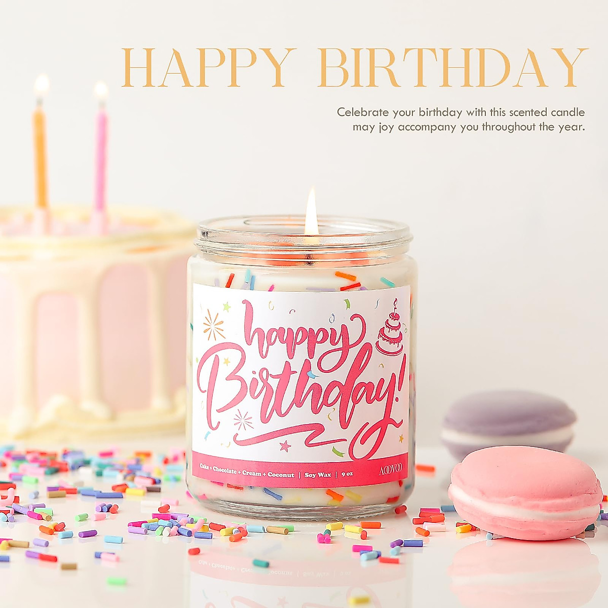 AOOVOO Birthday Candle, 9oz Pure Soy Wax, Vanilla/Cream/Cake Scent, Handmade, Long Burning, for Women, Men, Friend
